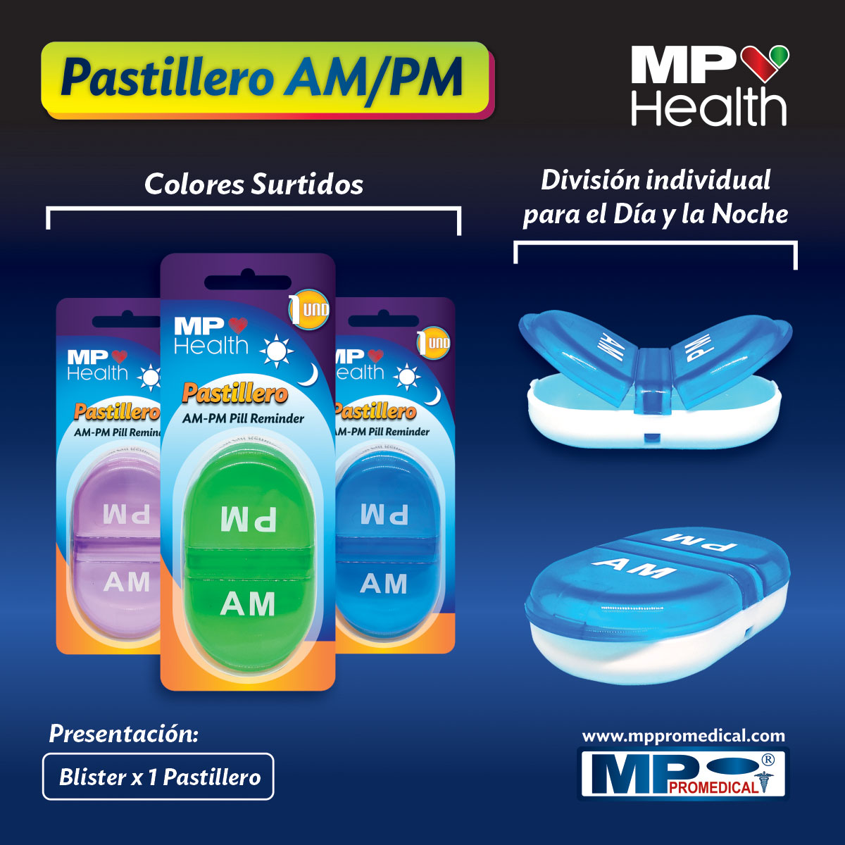 Pastillero AM/PM color azul (*) paquete x 1 | MP Promedical